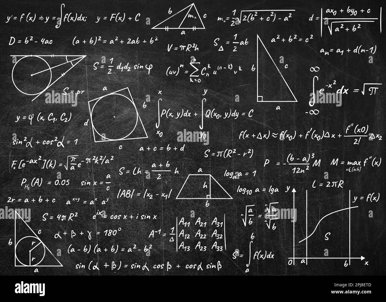 Many different math formulas written on blackboard. Algebra and ...