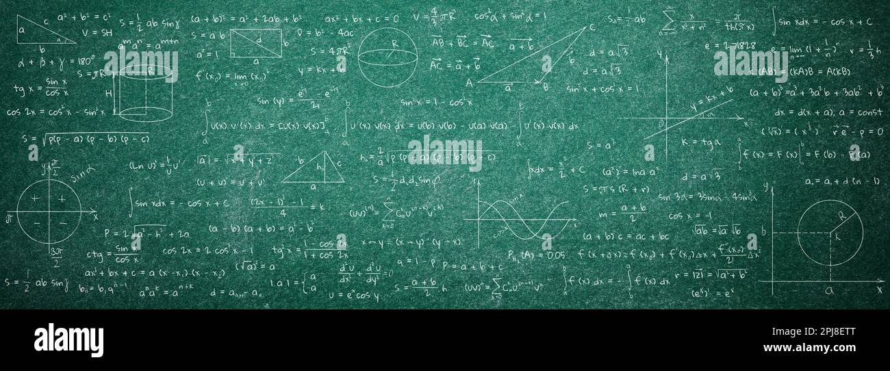 Many different math formulas written on chalkboard. Algebra and ...