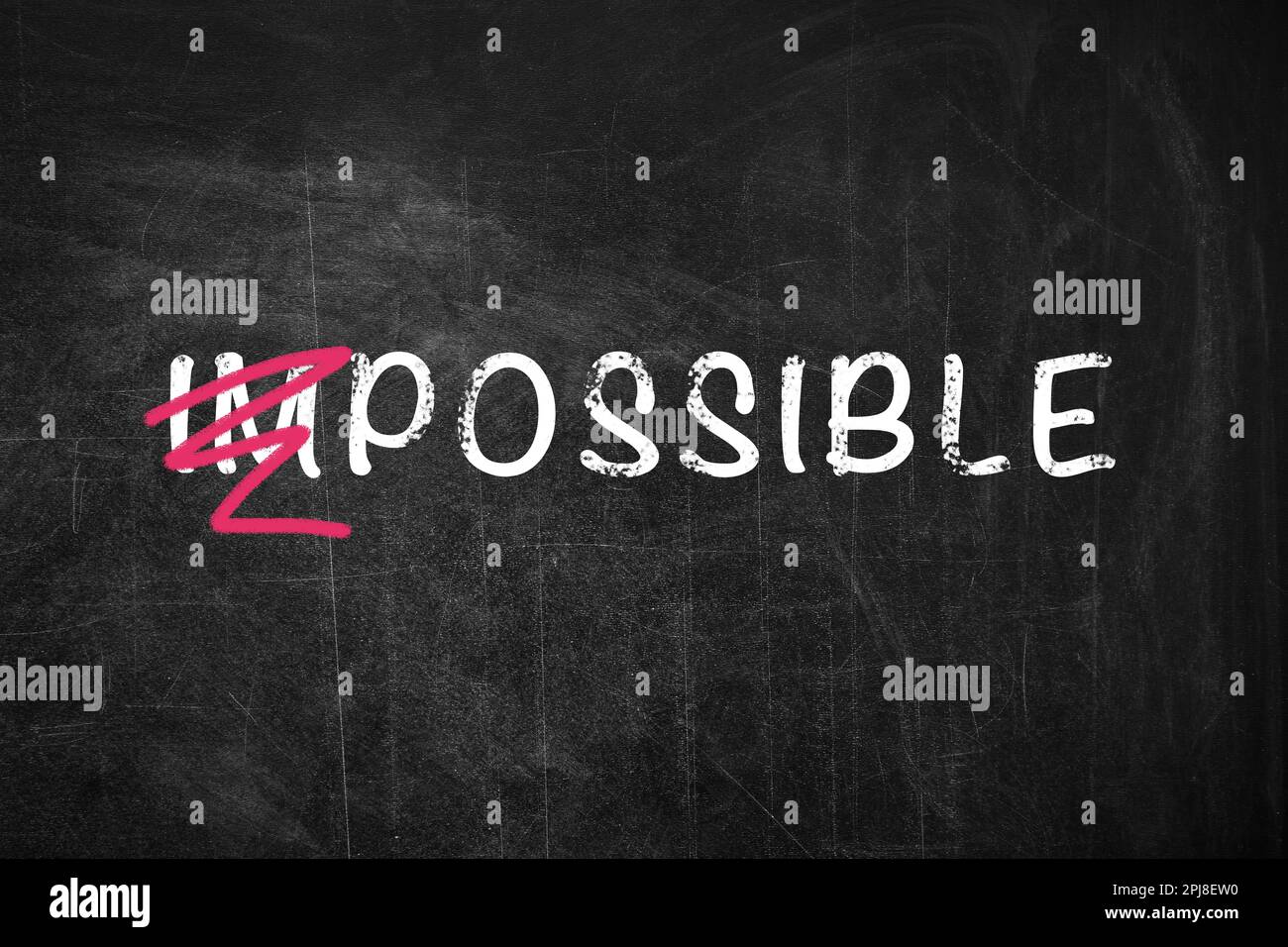 Word IMPOSSIBLE with crossed out letters IM written on blackboard ...