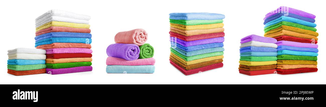 Set with different colorful towels on white background. Banner design ...