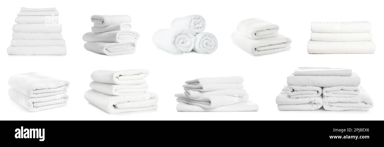 Set of folded and rolled towels on white background. Banner design ...