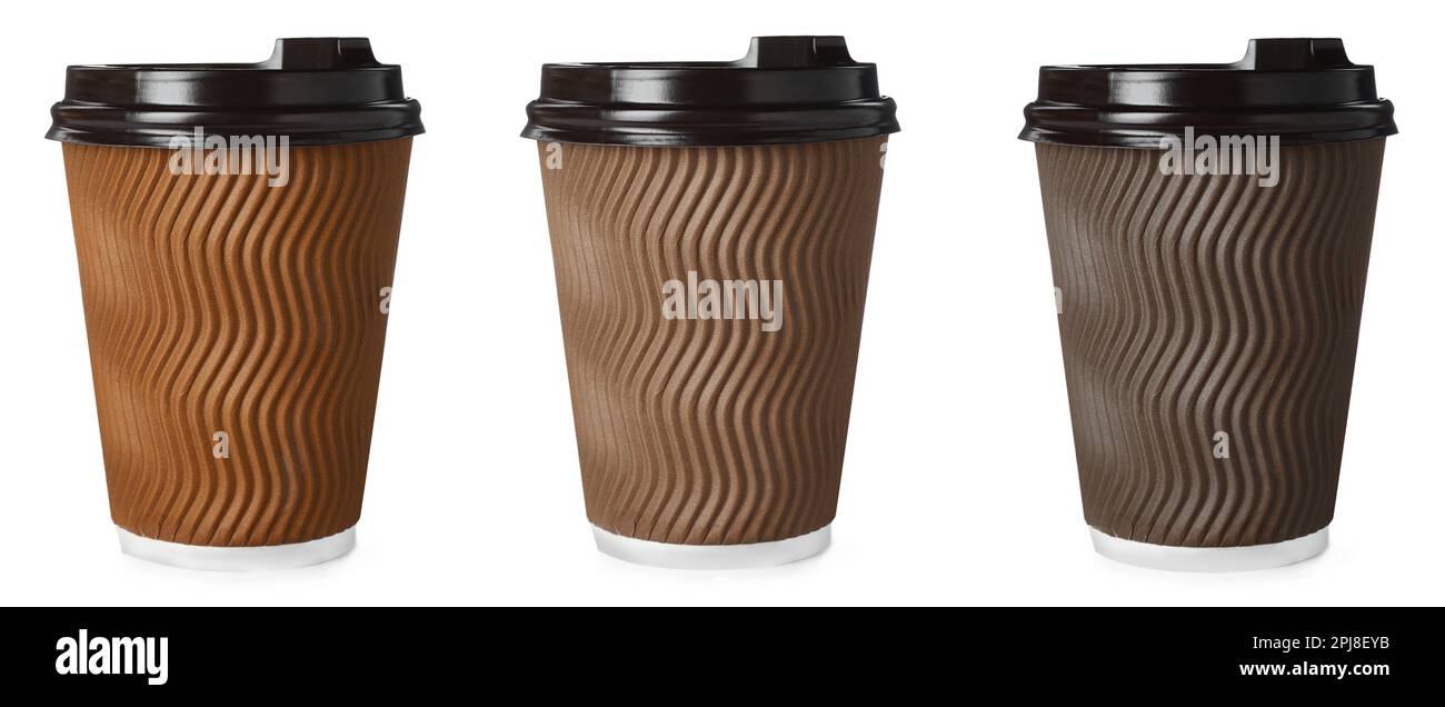 Set with paper coffee cups with lids on white background. Banner design ...