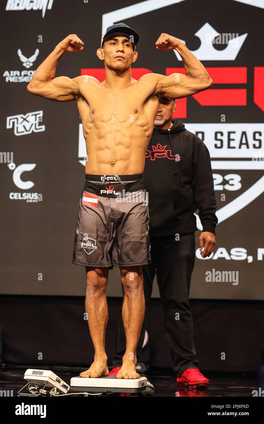 Las Vegas, NV, USA. 31st Mar, 2023. Featherweight Daniel Torres on stage during the ceremonial ...