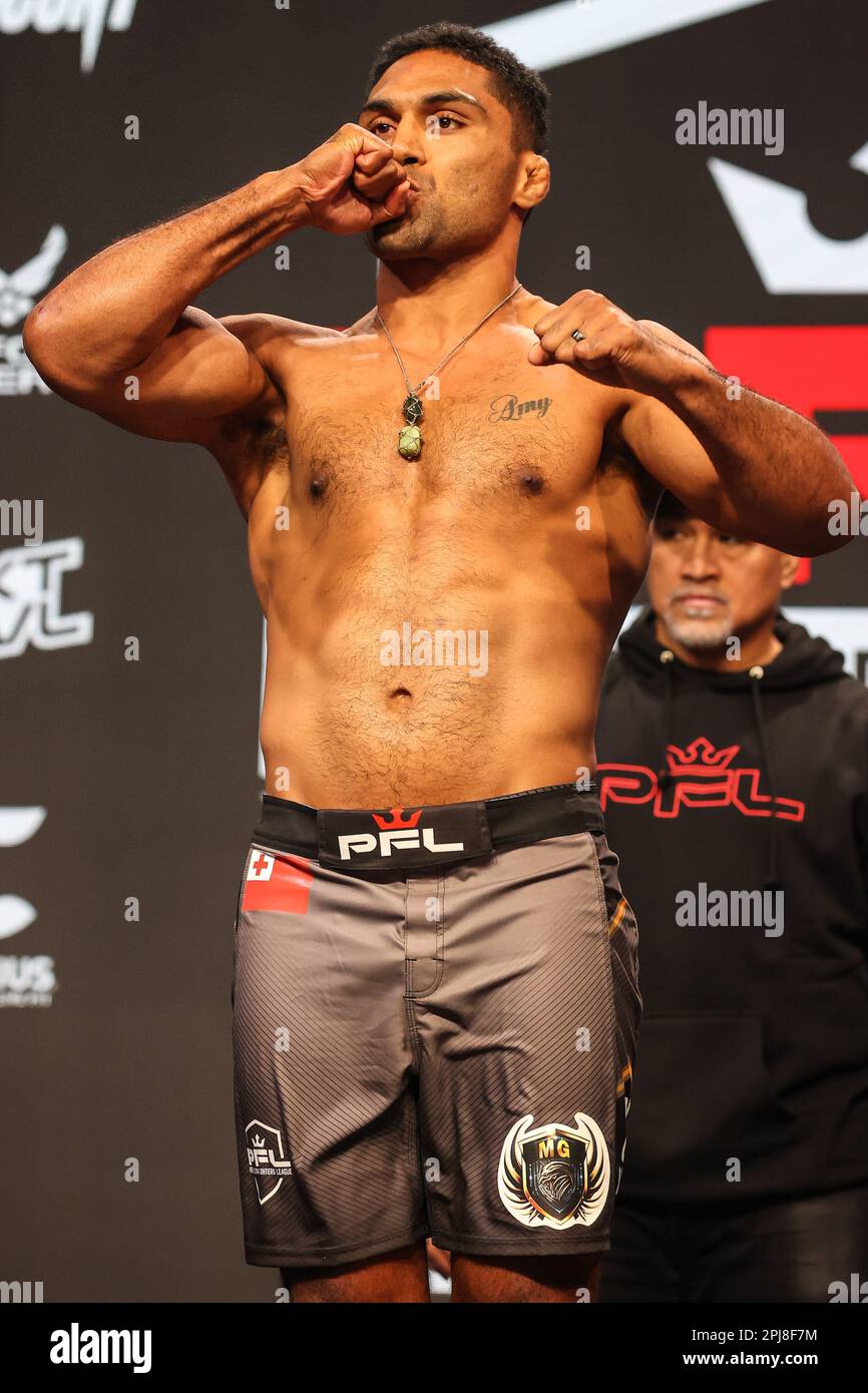 Las Vegas, NV, USA. 31st Mar, 2023. Light Heavyweight Sam Kei on stage ...