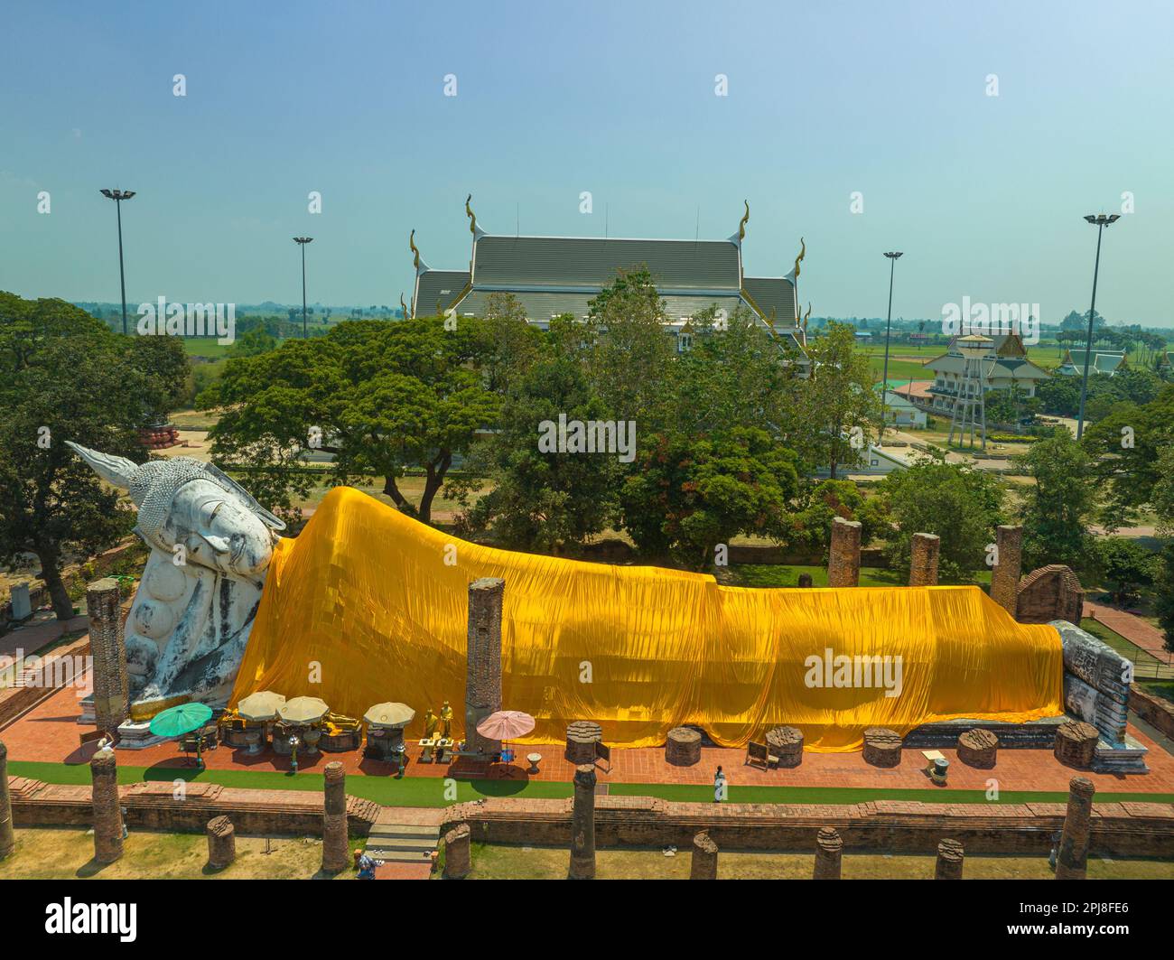 aerial view above the big beautiful reclining Buddha at Wat Khun ...