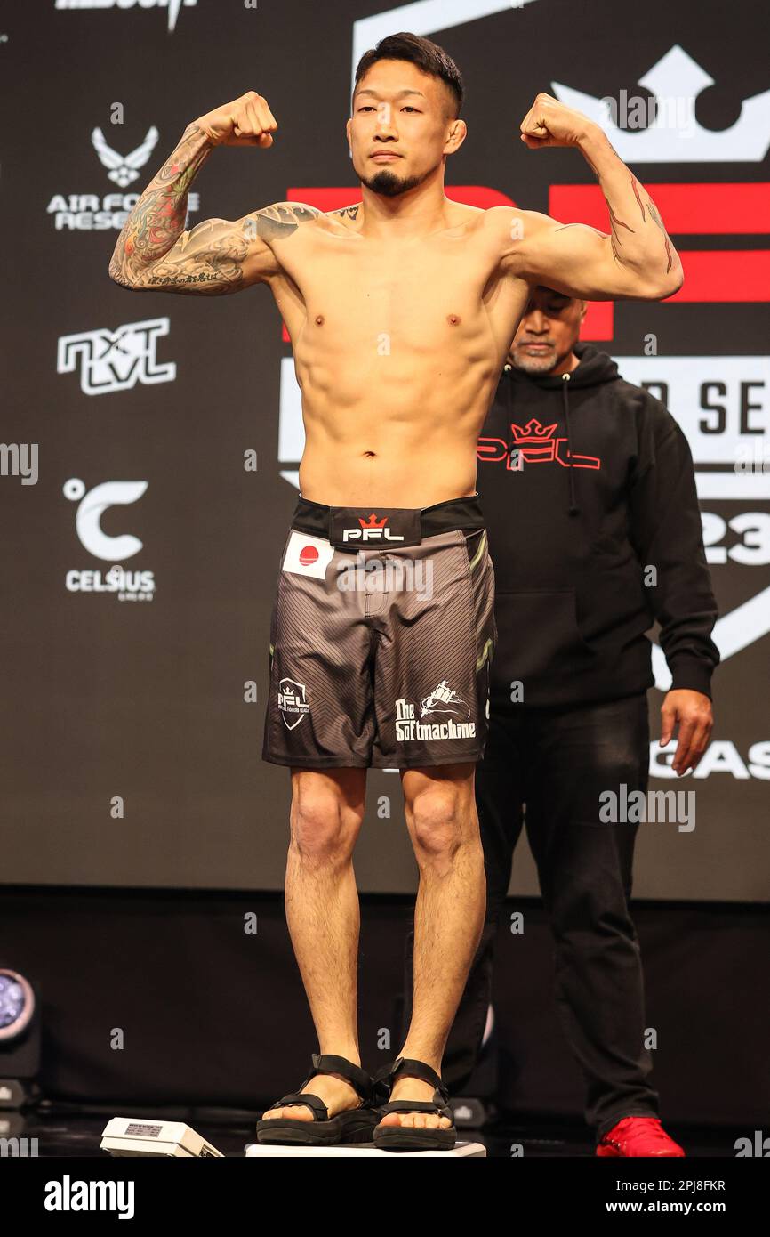 Las Vegas, NV, USA. 31st Mar, 2023. Featherweight Ryoji Kudo on stage ...