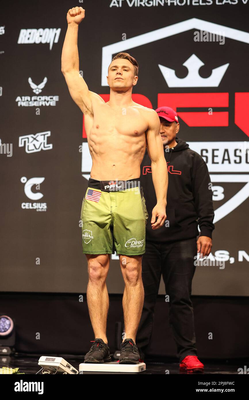 Las Vegas, NV, USA. 31st Mar, 2023. Featherweight Chris Wade on stage during the ceremonial ...