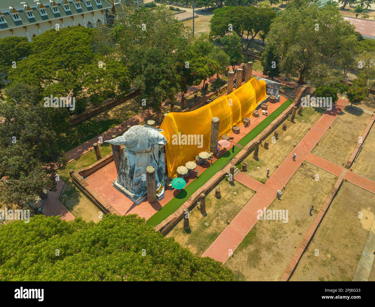 aerial view above the big beautiful reclining Buddha at Wat Khun ...