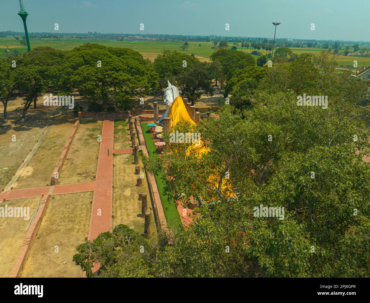 aerial view above the big beautiful reclining Buddha at Wat Khun ...