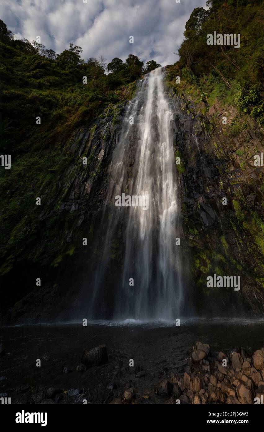 A sunlit waterfall on the jungle covered slopes of mount Kilimanjaro ...