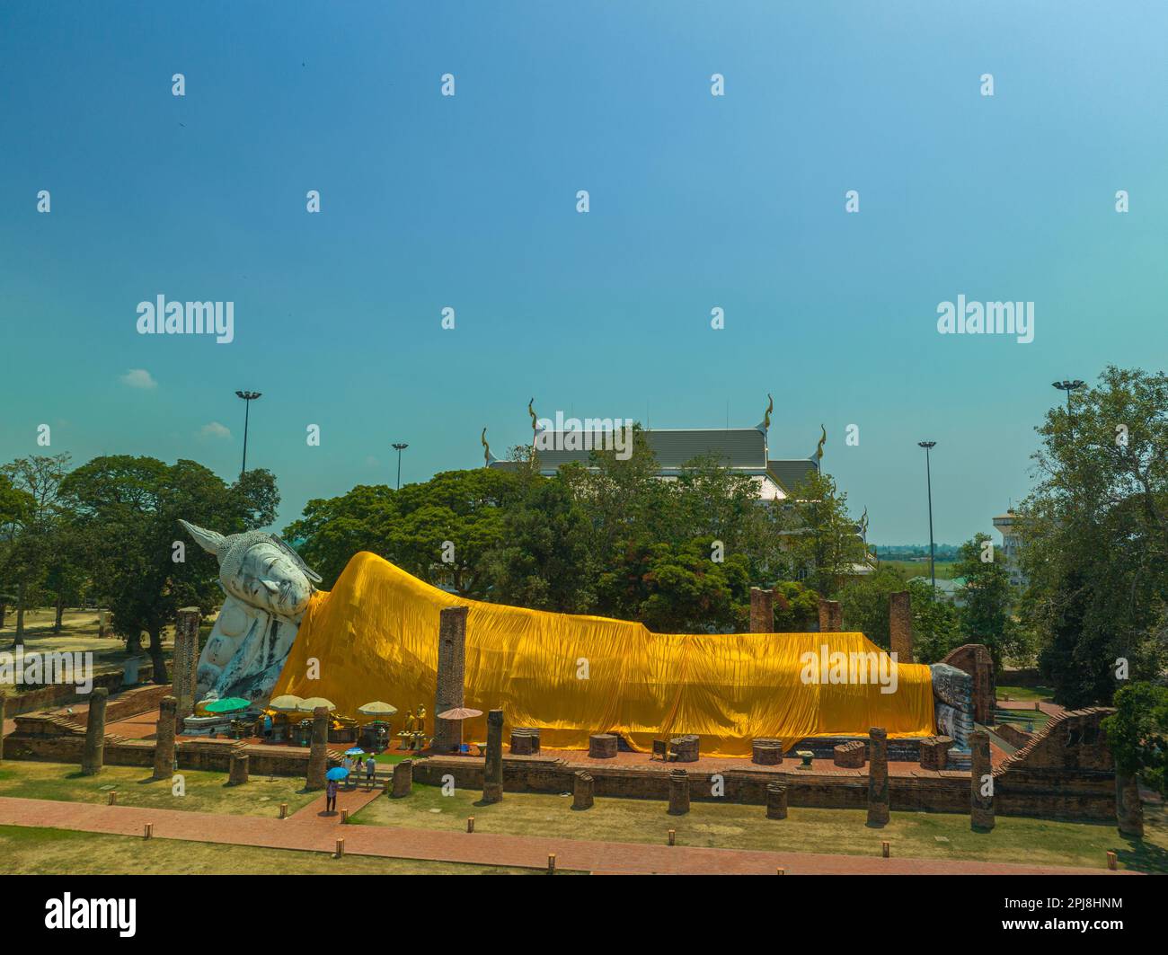 aerial view above the big beautiful reclining Buddha at Wat Khun ...