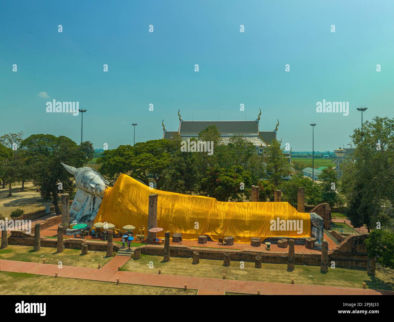 aerial view above the big beautiful reclining Buddha at Wat Khun ...