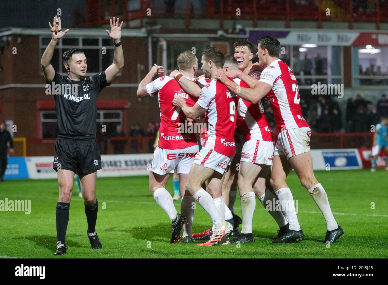 Sauaso ‘Jesse’ Sue #8 of Hull KR celebrates his try with his team mates ...