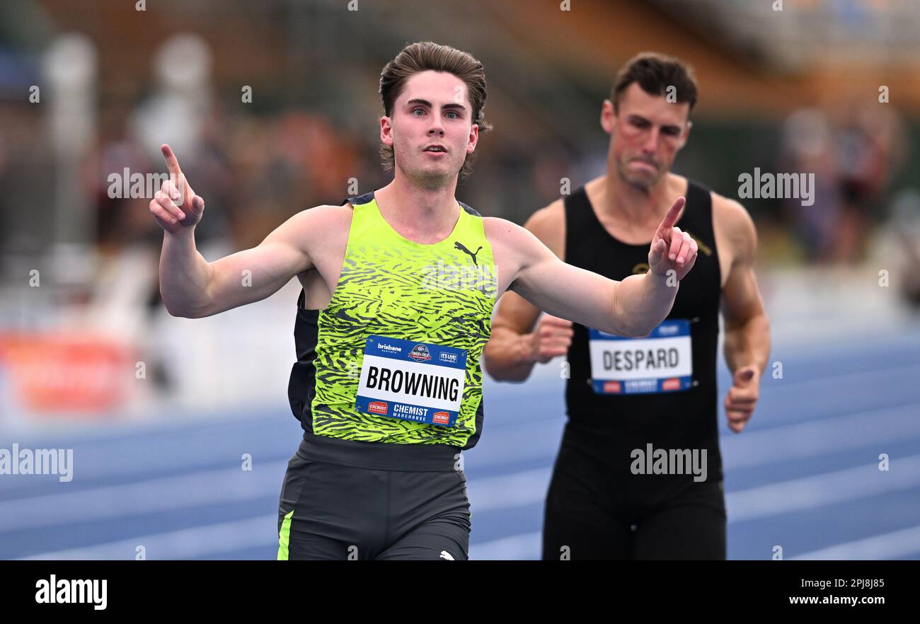 Rohan Browning (left) celebrates winning the final of the Mens 100 ...