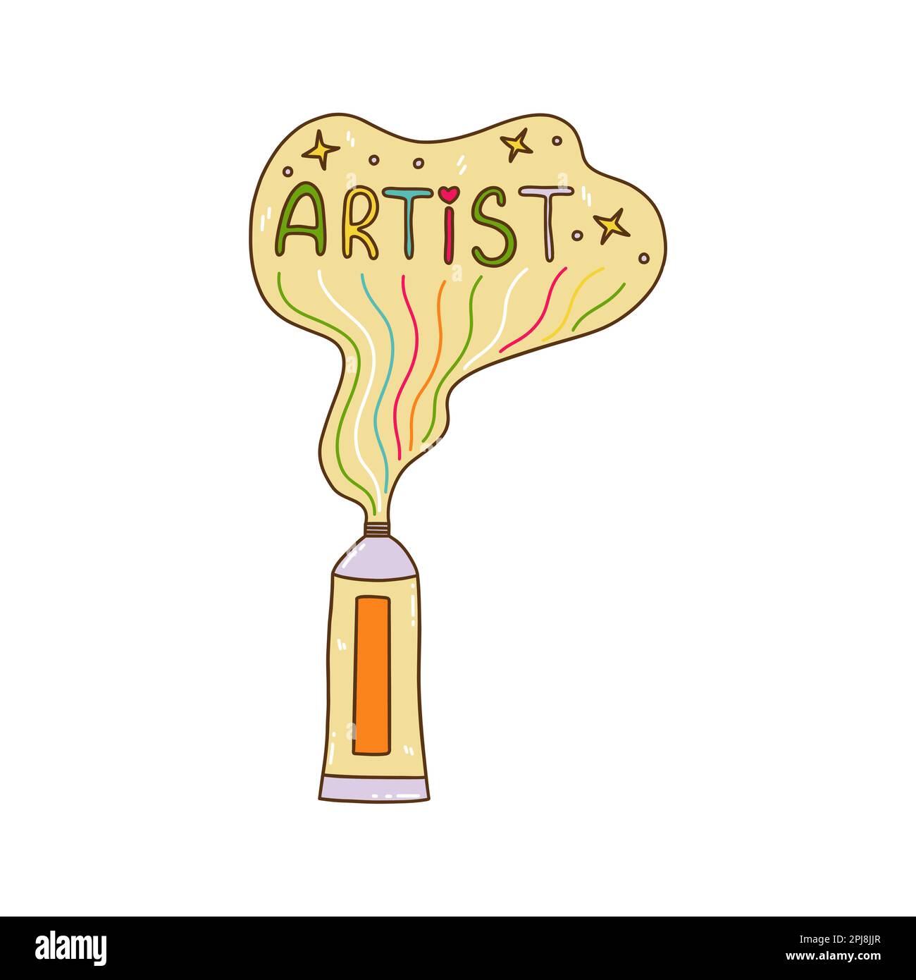 Tube squeezes out paint. Artist inscription with stars and colorful ...