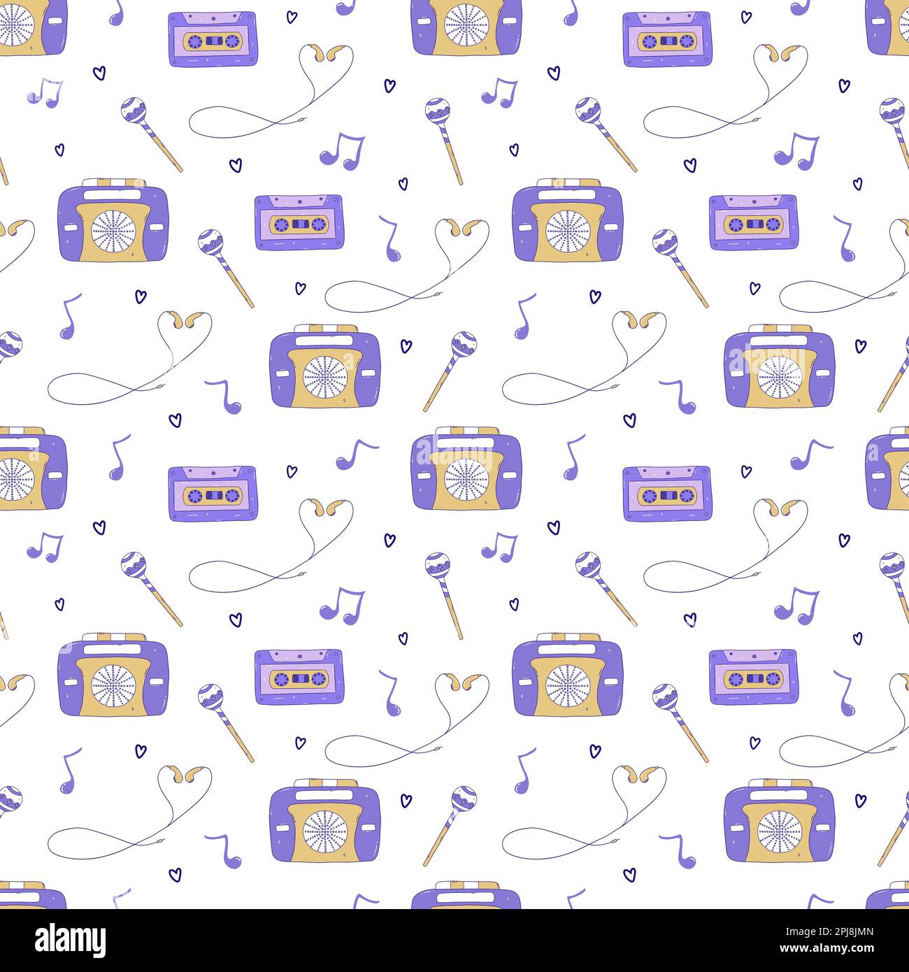 Seamless pattern with vintage audio player, headphones and cassette ...