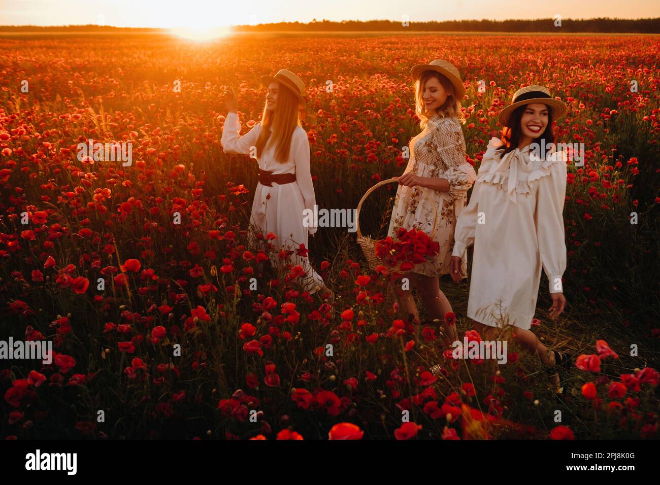 Funny girls in dresses and hats in a poppy field at sunset Stock Photo ...