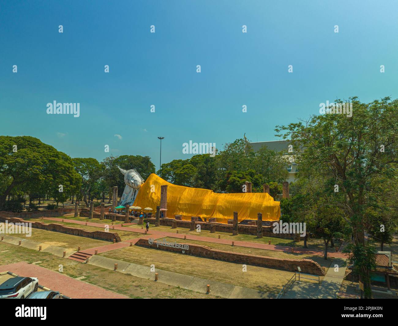 aerial view above the big beautiful reclining Buddha at Wat Khun ...
