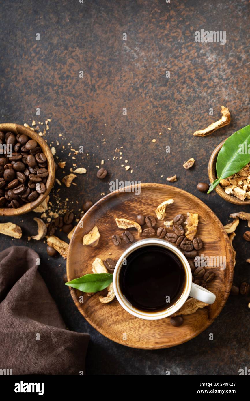 Healthy organic energizing adaptogen. Mushroom coffee in a cup and ...