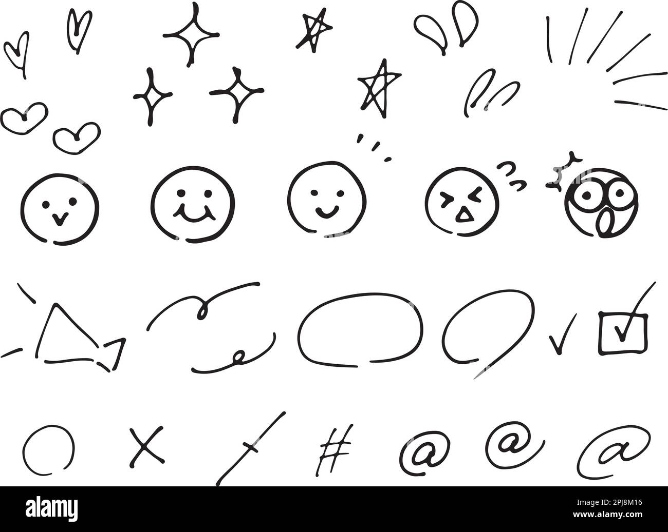 One-point symbol set such as hand-drawn hearts, stars and emoticons. A ...