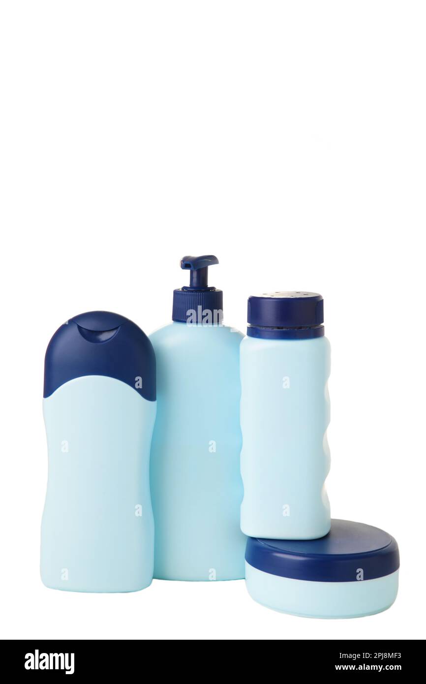 Blue cosmetic bottles isolated on white background. Set of bottles ...