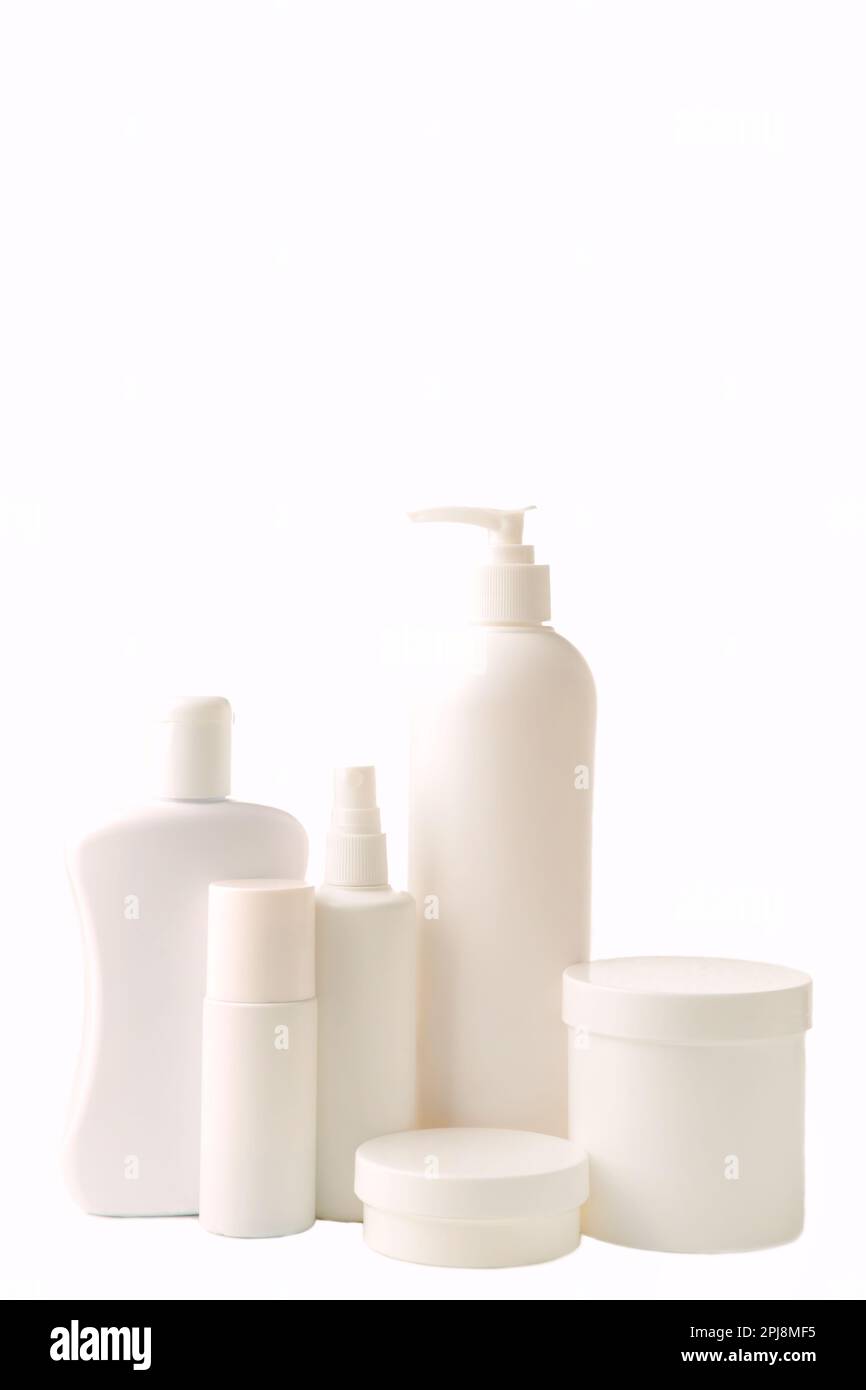 Different cosmetic bottles isolated on white background. Set of bottles ...