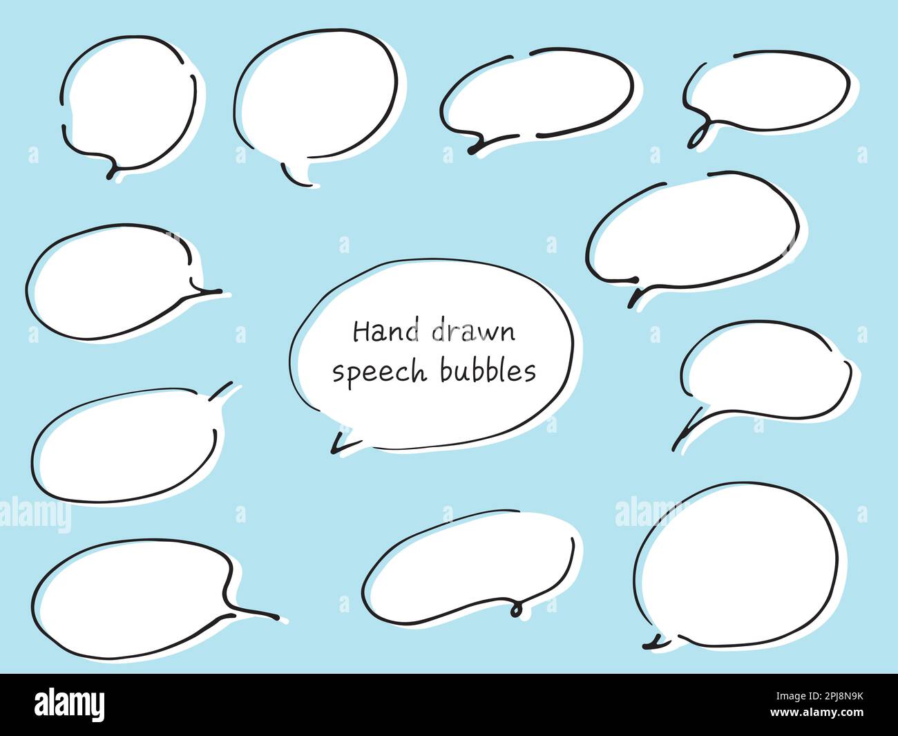 Oval line drawing speech balloons with gaps and white painted background. Hand-drawn loose ...