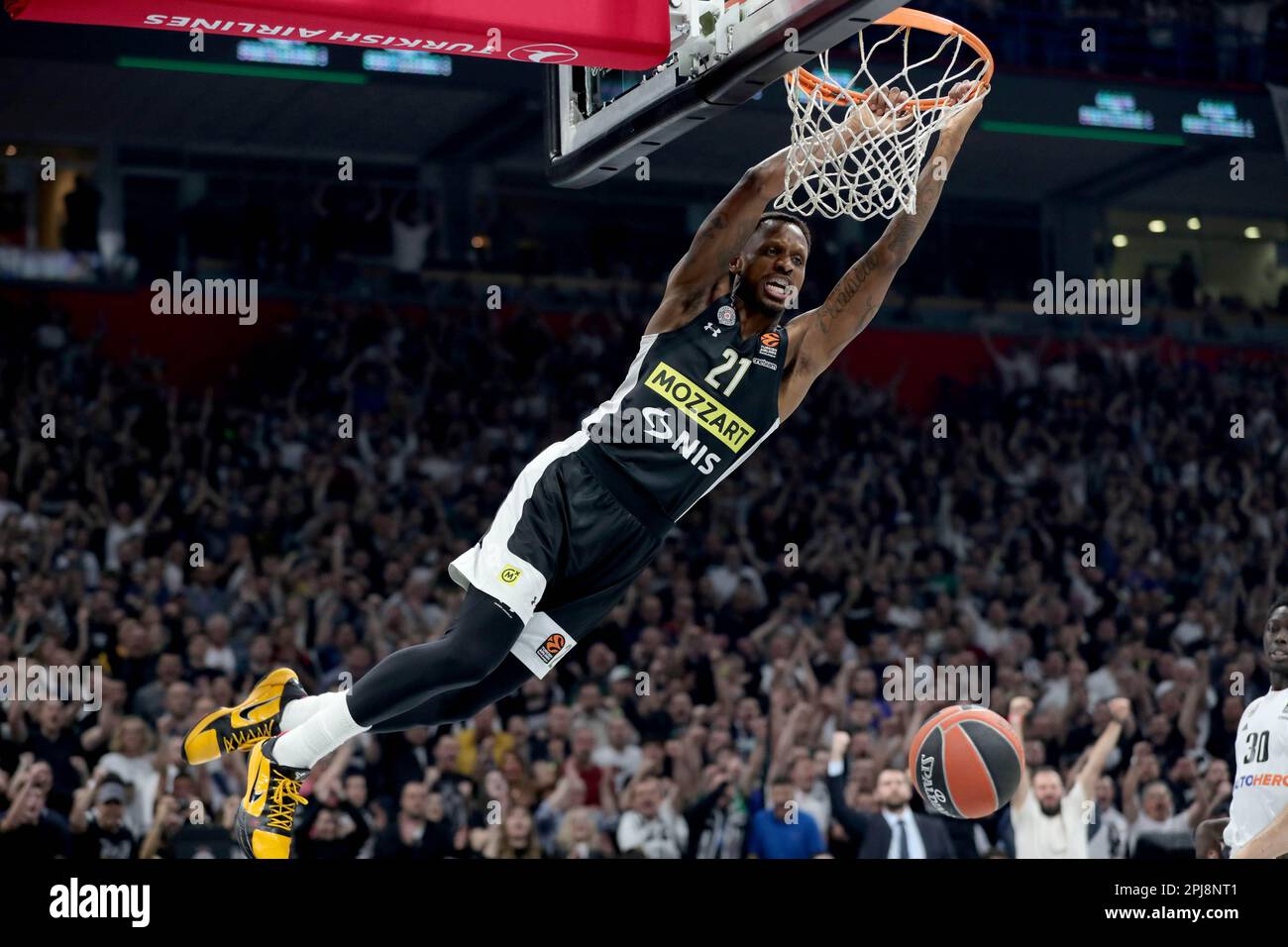 Belgrade. 31st Mar, 2023. Partizan's James Nunnally dunks during the ...