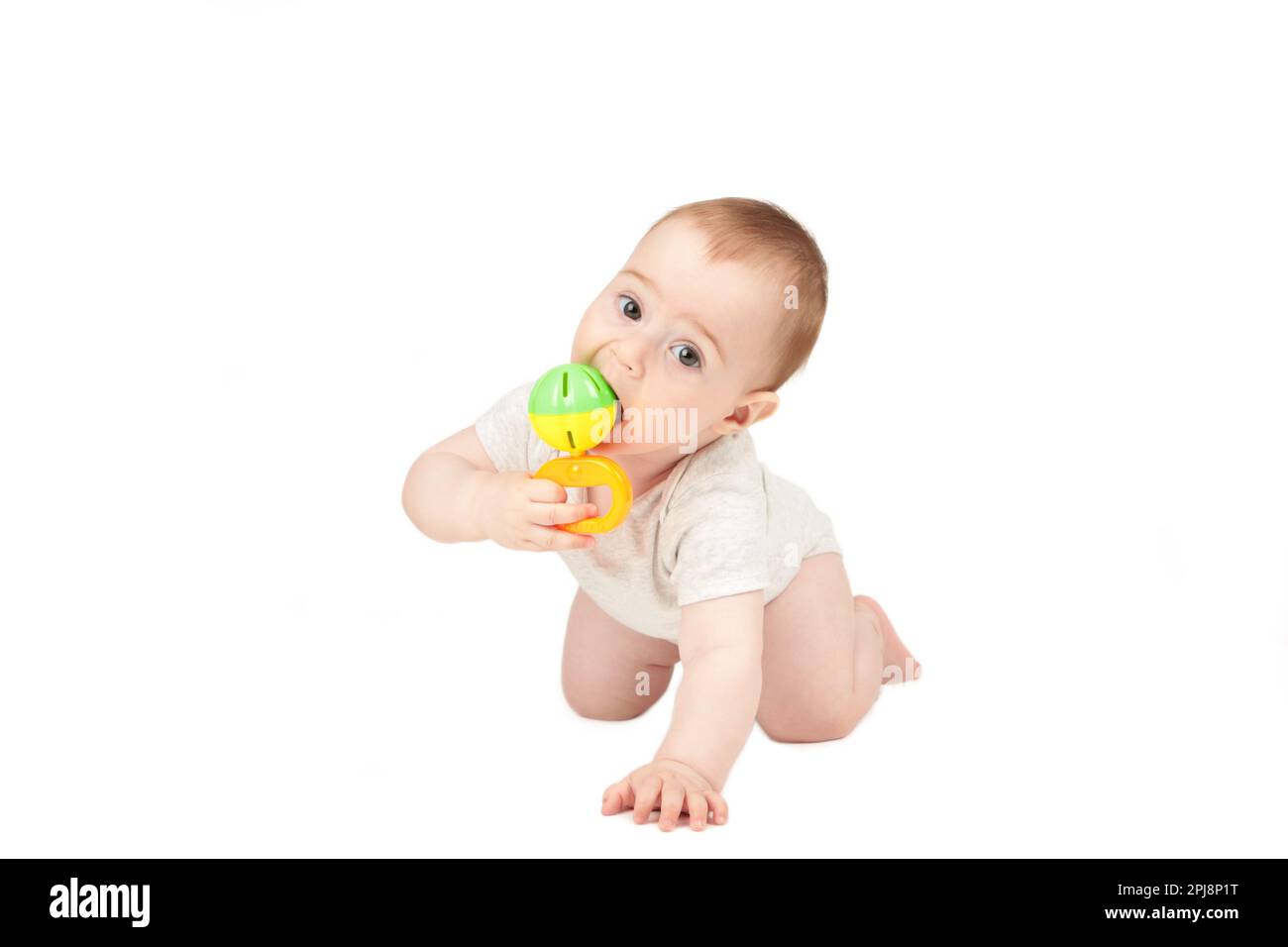 Cute baby girl playing with a rattle isolated on white background. Top ...
