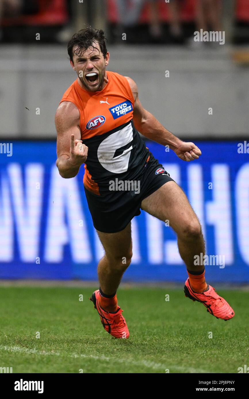 Brent Daniels of the GWS Giants celebrates scoring a goal during the ...