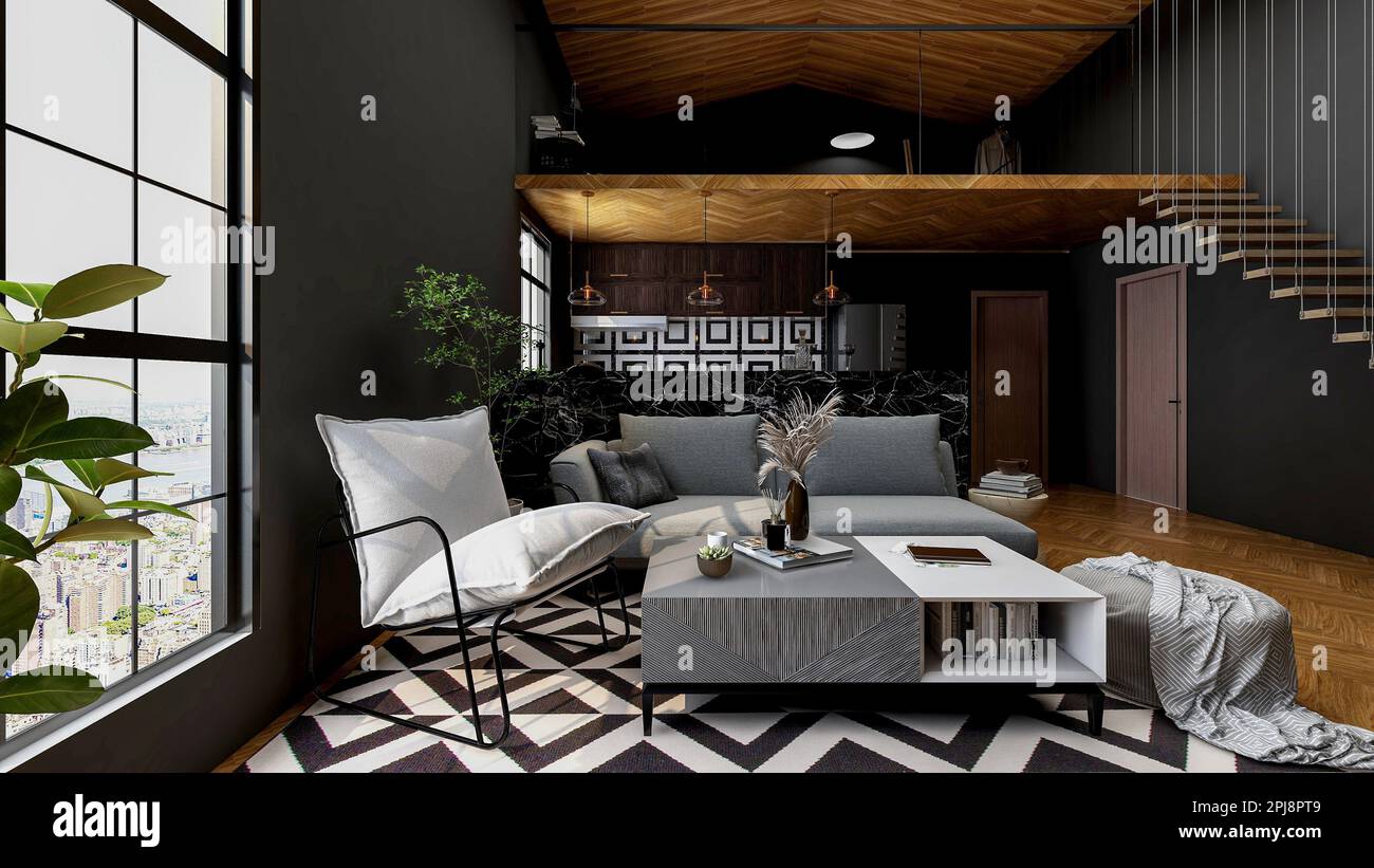 Modern loft living room interior with dark gray wall and wooden floor ...