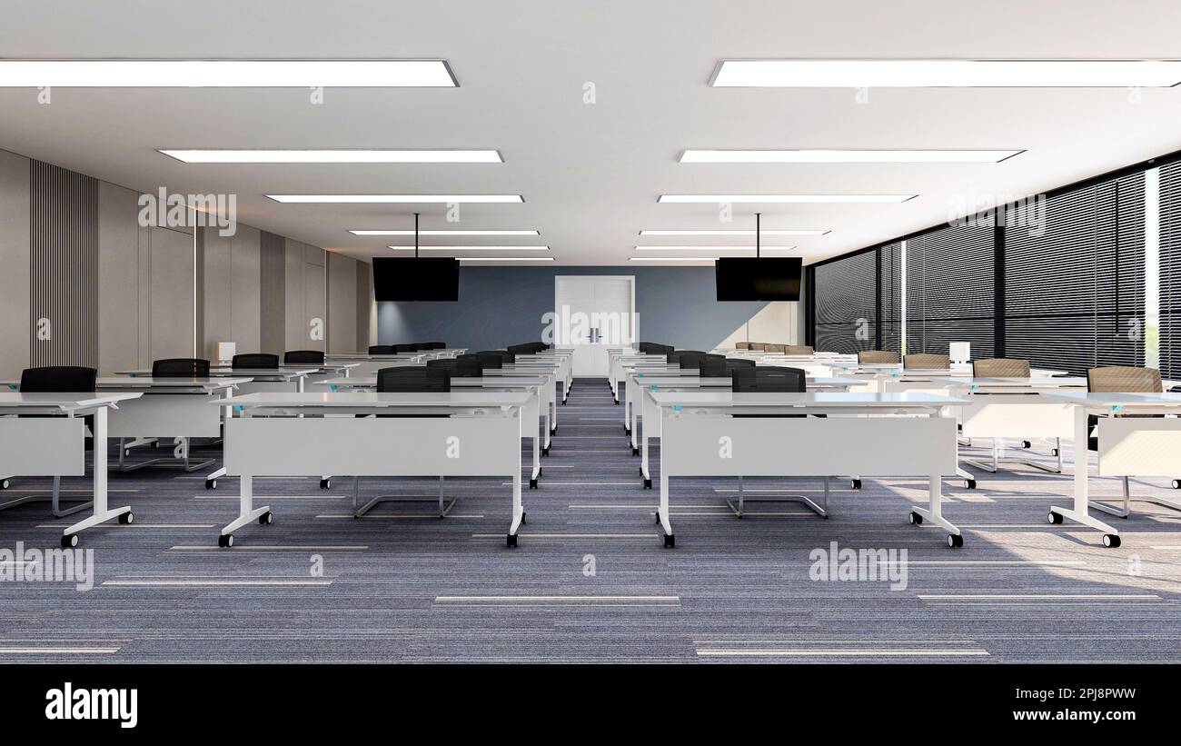 Interior of large modern office training room with large curved monitor ...