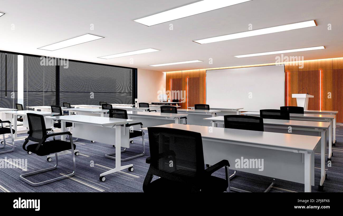 Interior of large modern office training room with large curved monitor ...