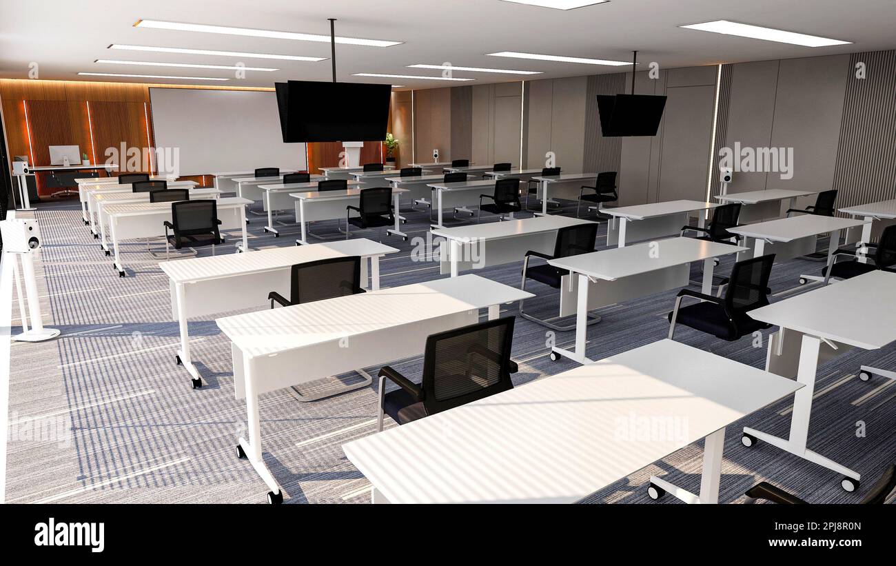 Interior of large modern office training room with large curved monitor ...