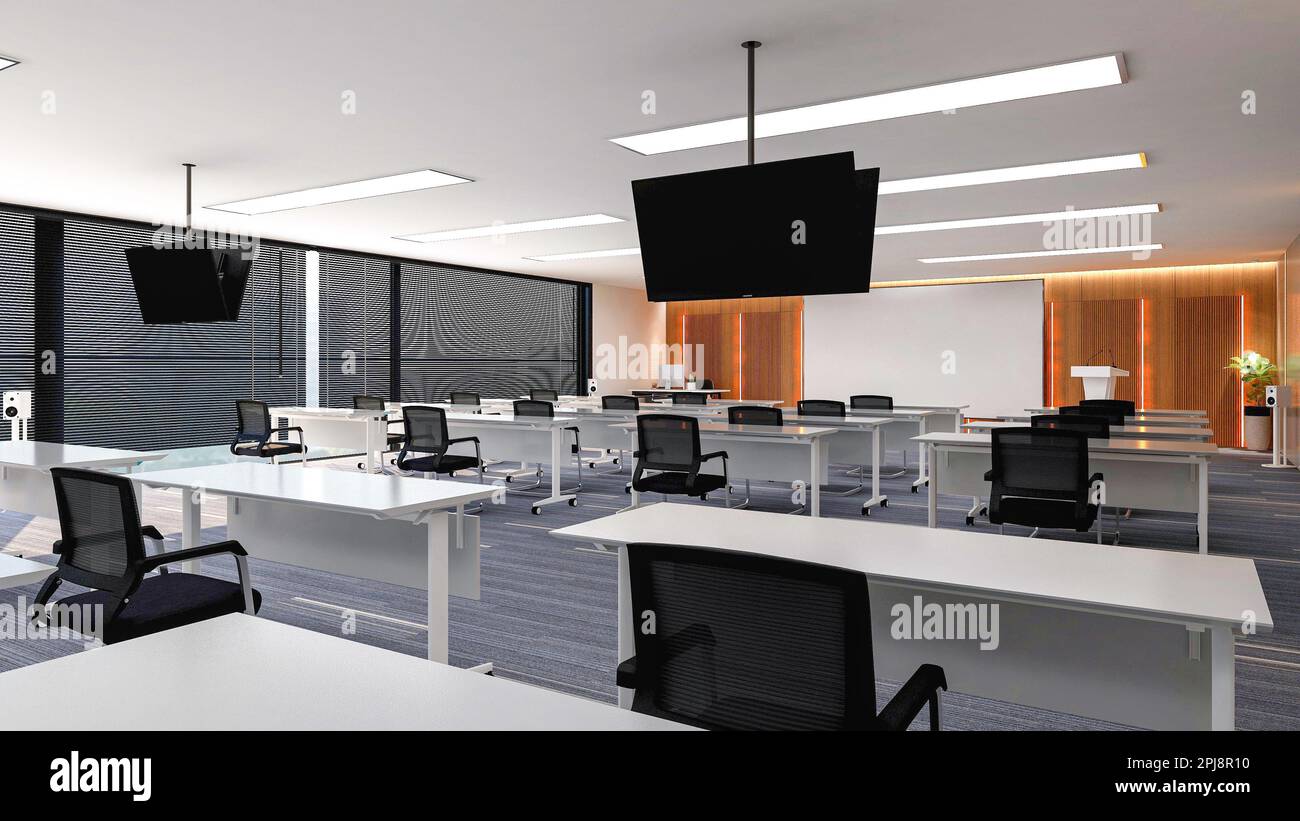 Interior of large modern office training room with large curved monitor ...