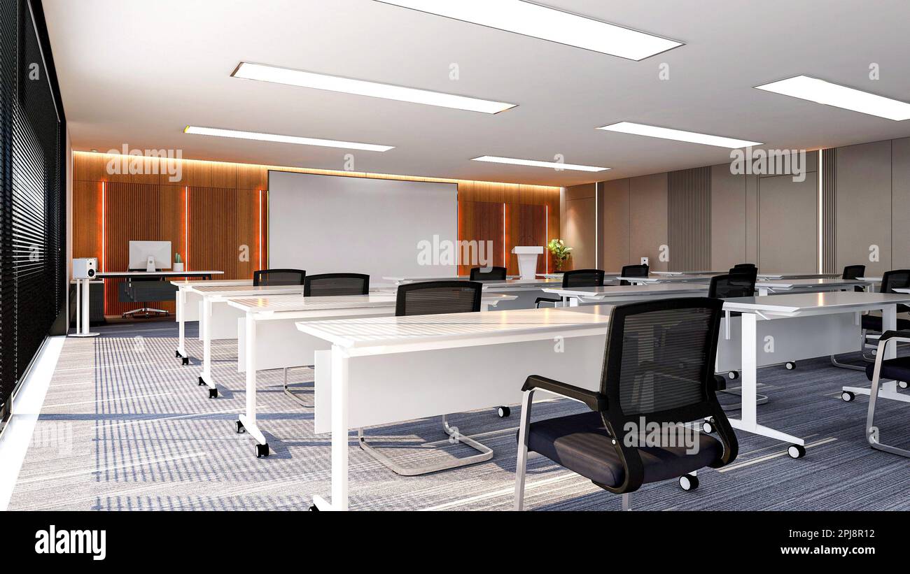 Interior of large modern office training room with large curved monitor screen for presentation ...