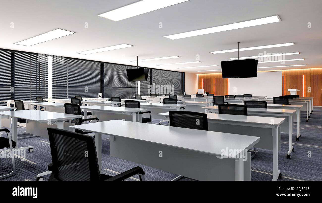 Interior of large modern office training room with large curved monitor ...