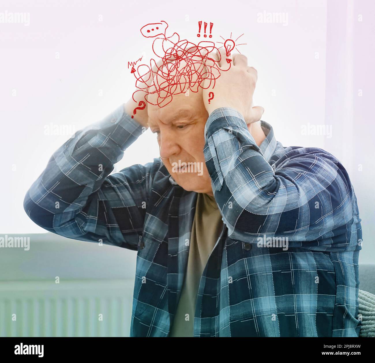 Senior man suffering from dementia at home. Illustration of messy ...