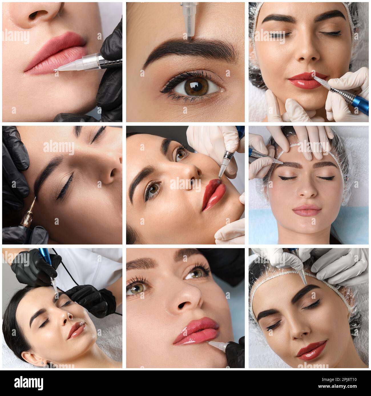 Collage with different photos of women undergoing permanent makeup ...