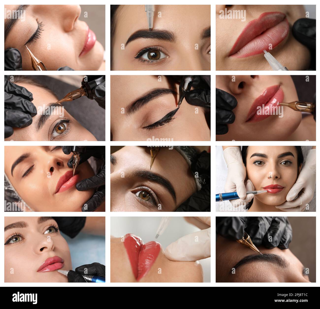 Collage with different photos of women undergoing permanent makeup ...