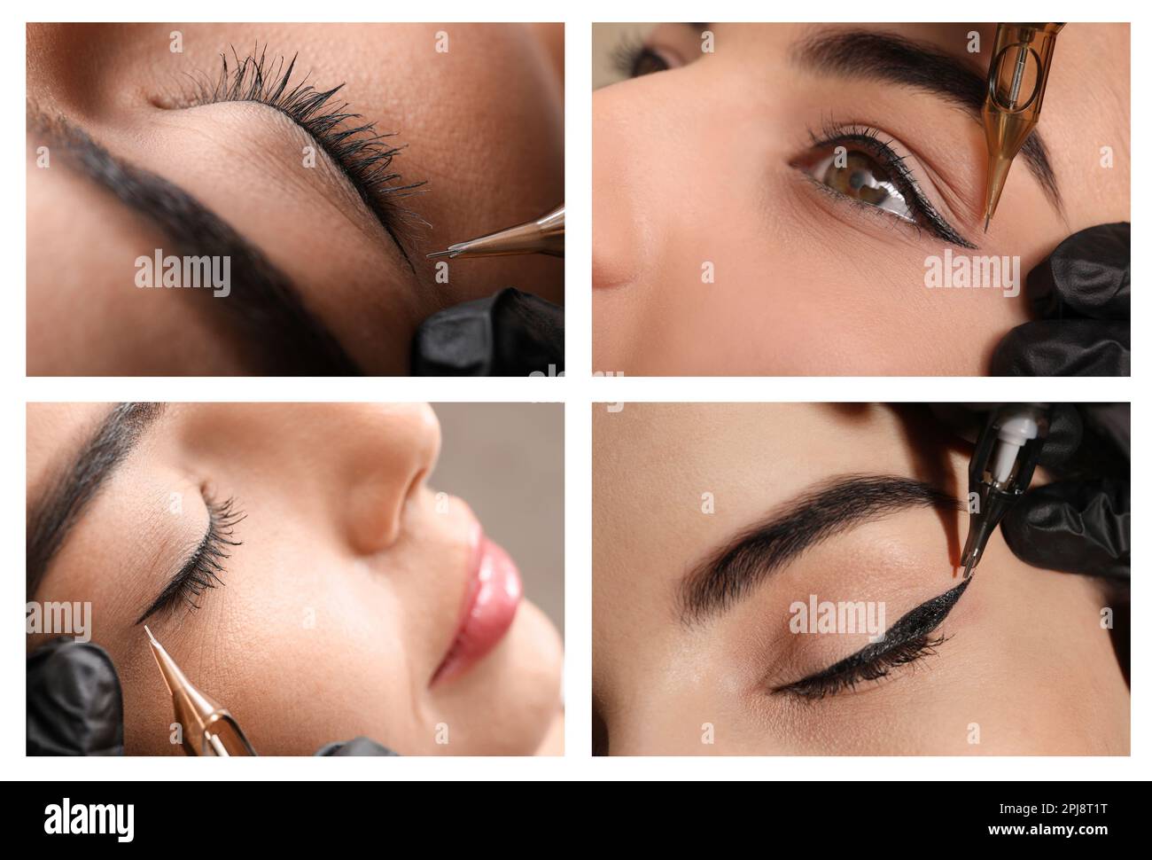 Collage with different photos of women undergoing permanent eye makeup ...