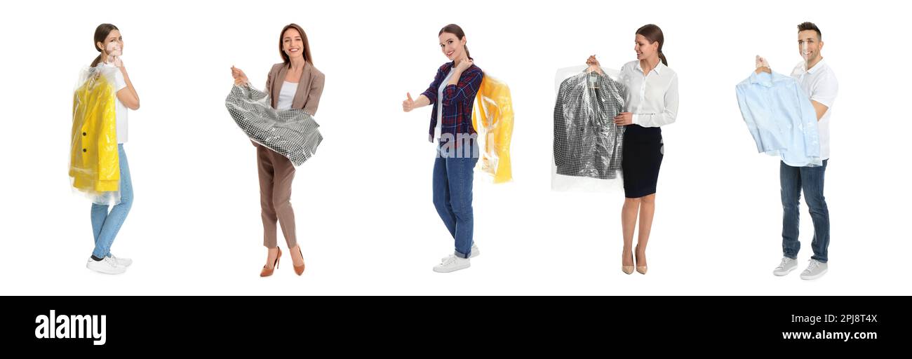 Collage with photos of people holding clothes on white background ...