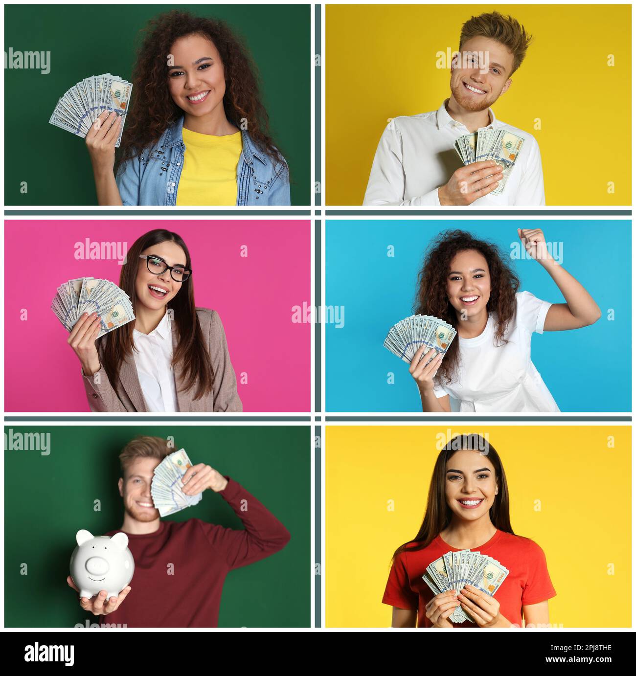 Collage with photos of happy people holding money on different color ...