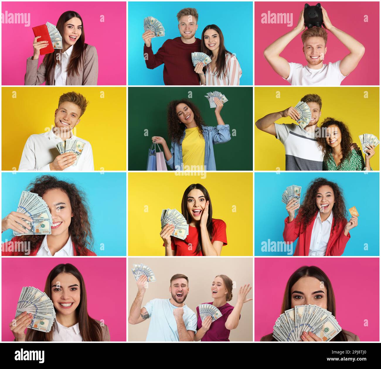 Collage with photos of happy people holding money on different color ...