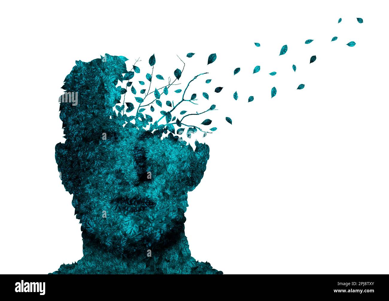Dementia concept. Illustration of blue head shaped plant losing leaves ...