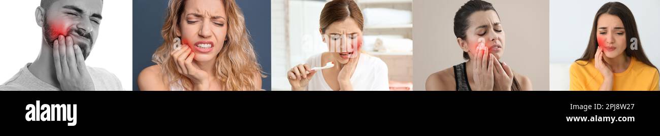 Collage with photos of people suffering from acute toothache. Banner ...