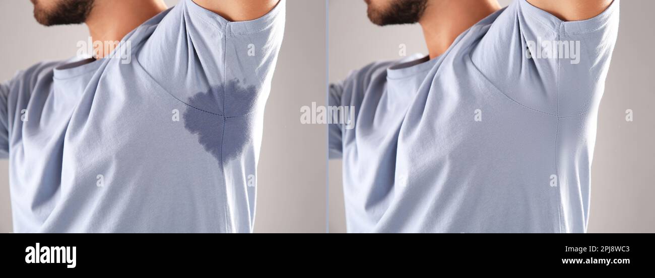 Man in t-shirt before and after using deodorant on grey background ...
