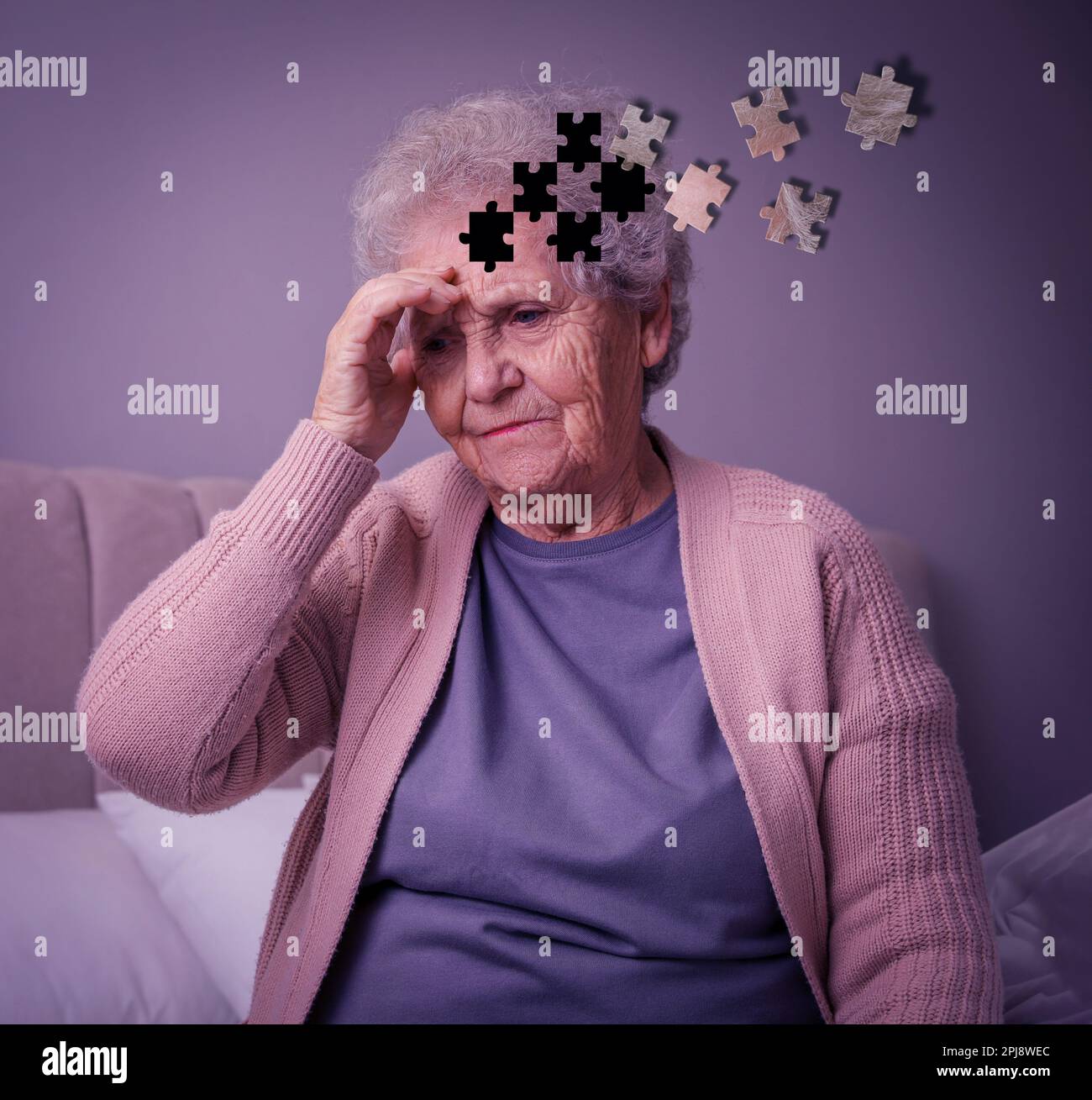 Elderly woman suffering from dementia at home. Illustration of head as ...