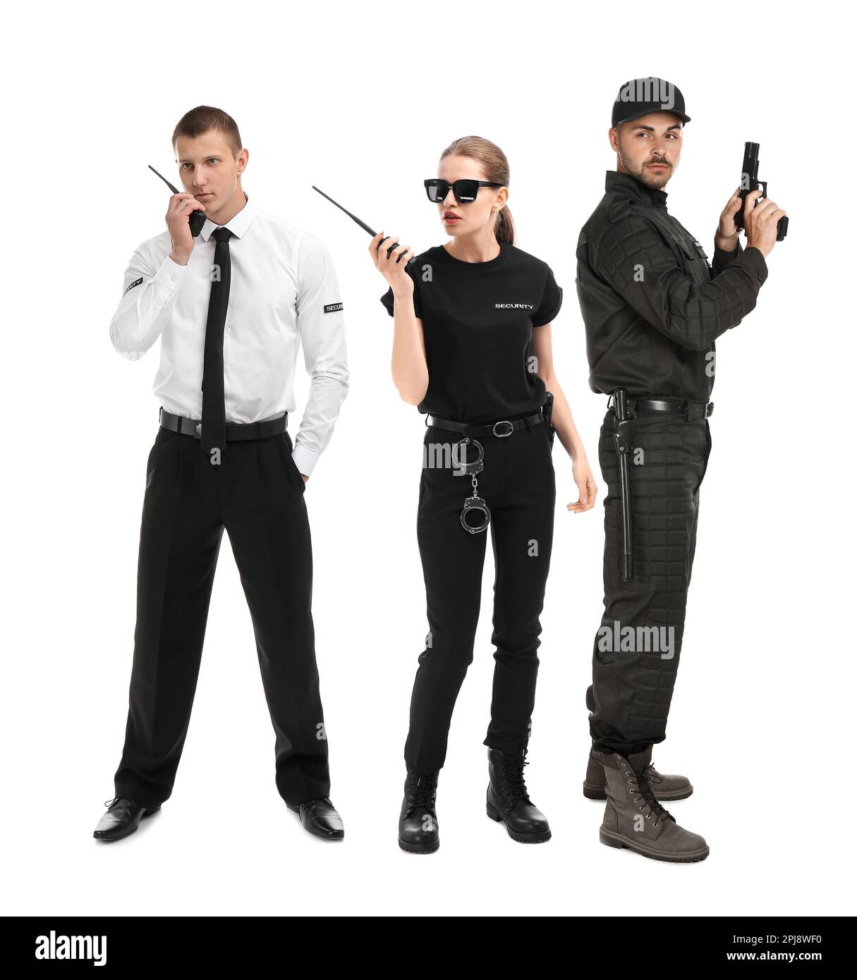Different professional security guards on white background Stock Photo ...