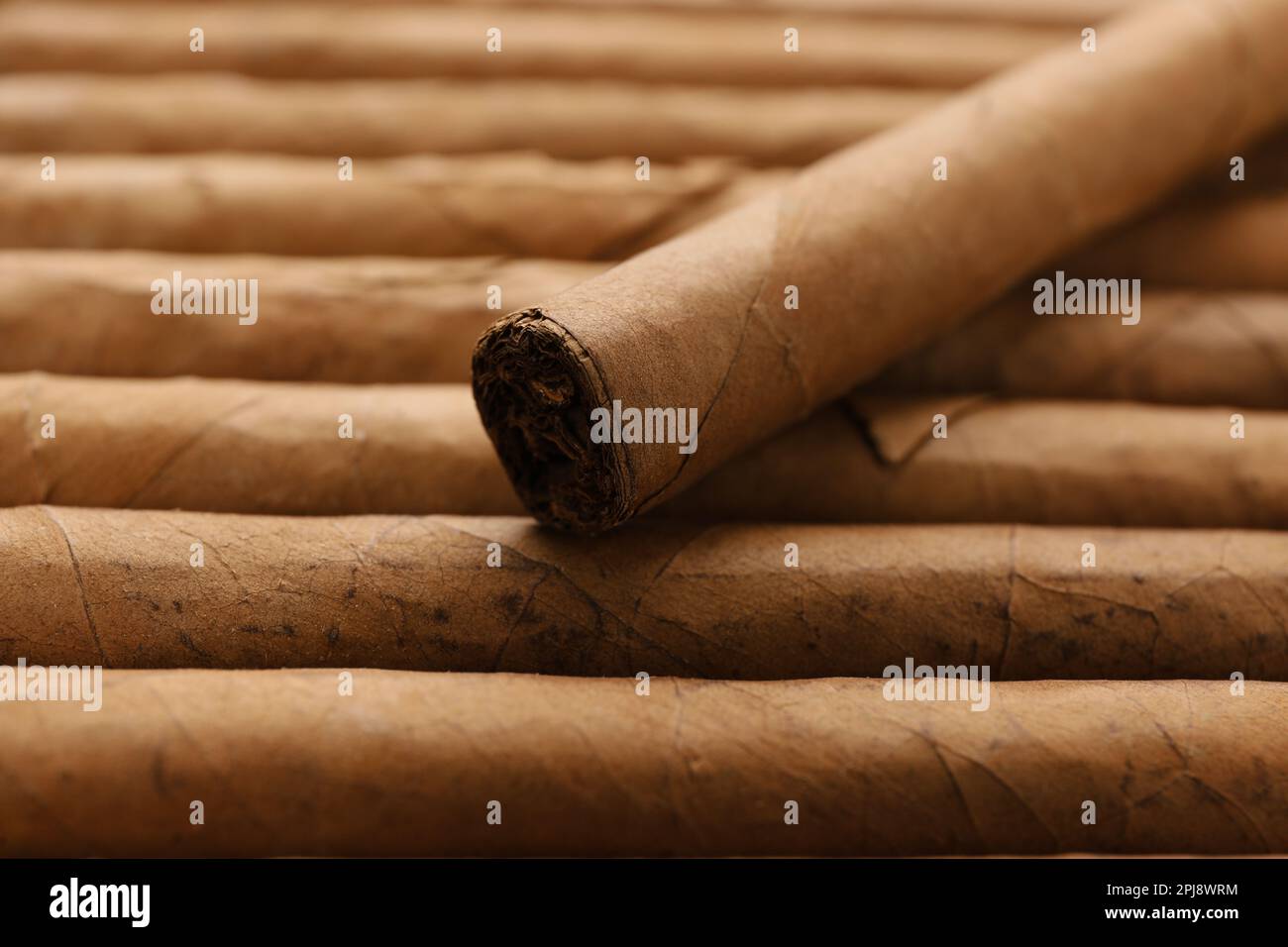 Many cigars wrapped in tobacco leaves as background, closeup Stock ...